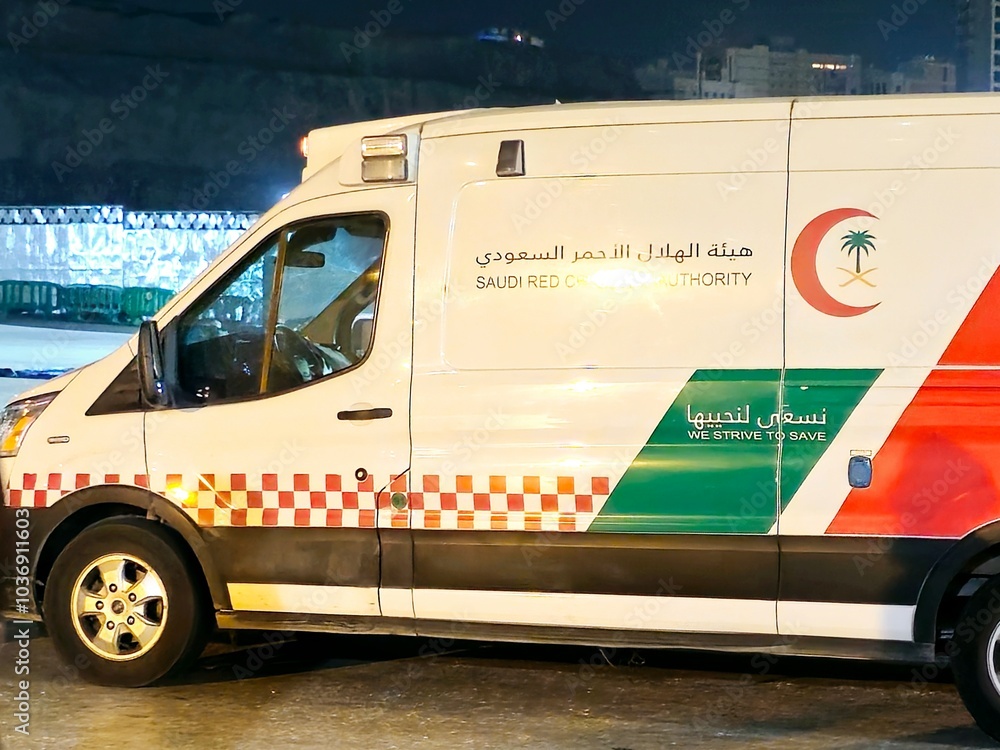 Mecca, Saudi Arabia, June 9 2024: an equipped ambulance of Saudi Arabia ...