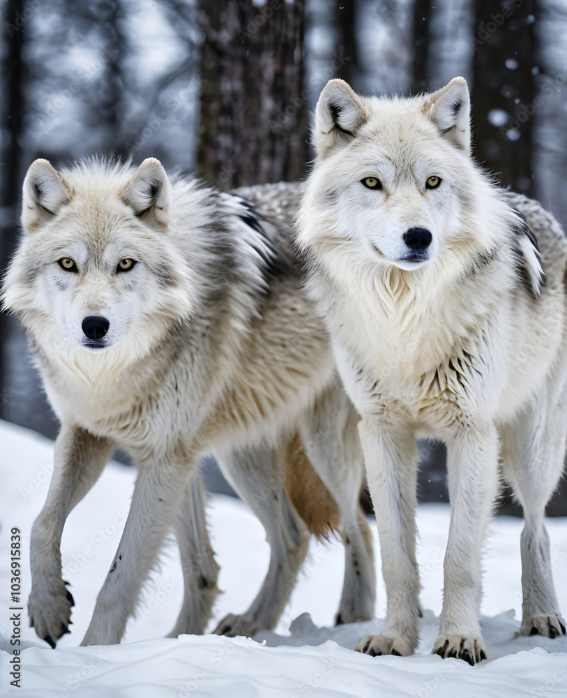 Two graceful arctic wolves in wolf pack in frosty snowy winter forest ...