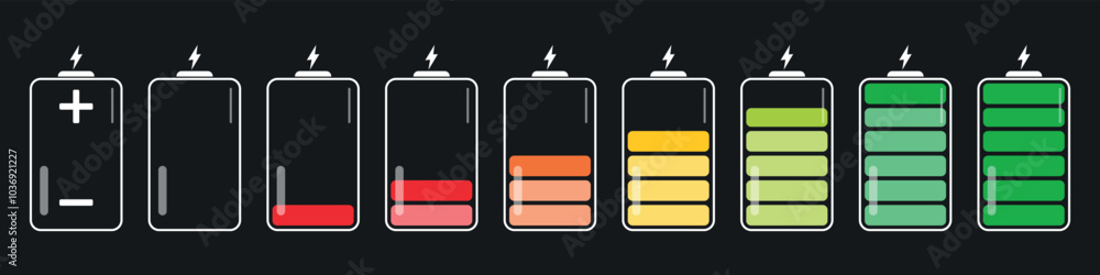 Collection of different battery charge indicators. Discharged and fully ...