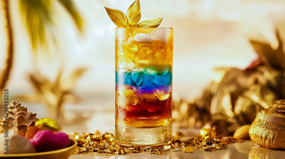 The Midas cocktail, displayed in a beautiful tiki glass with layers of ...
