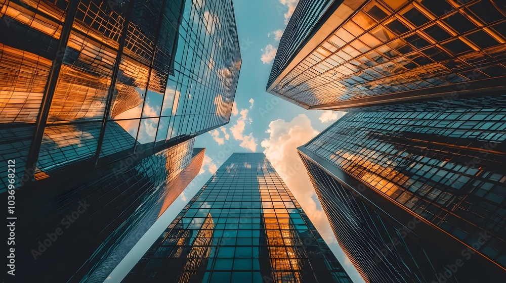 Dramatic Upward View of Tall Skyscrapers with Reflective Glass Facades ...