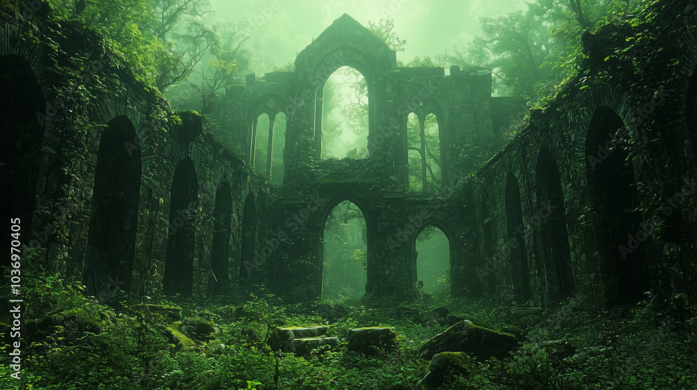 Overgrown ruins of a forgotten city, where nature has reclaimed the ...