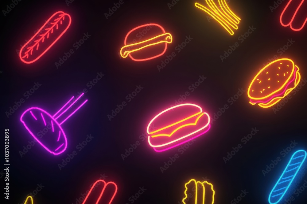 Colorful neon outlines of burgers, hot dogs, and fries glow against a ...