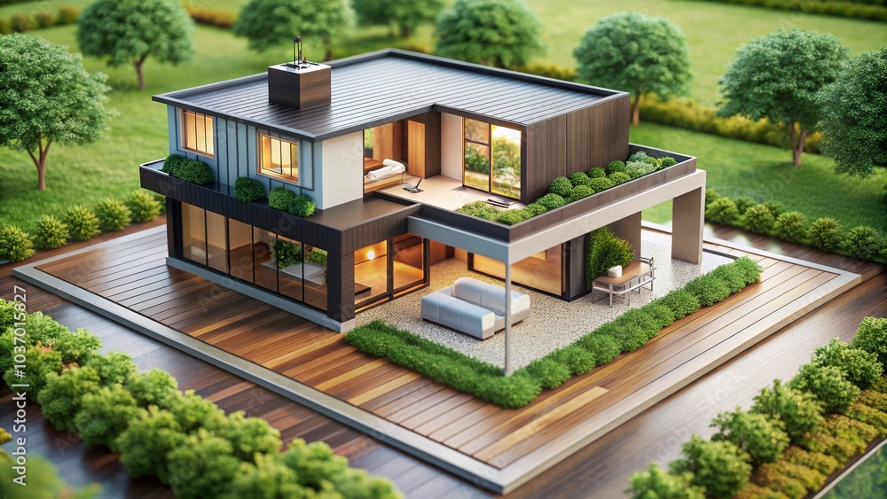 A meticulous 3D small house model sits atop a detailed architecture ...