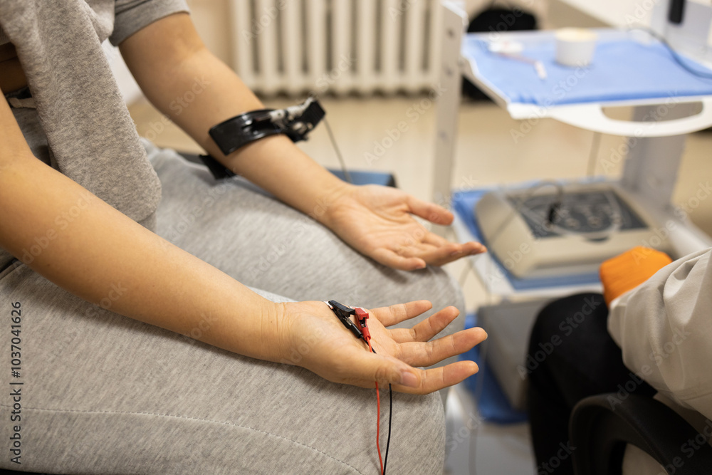 The female patient undergoes an electromyography (EMG) test to assess ...