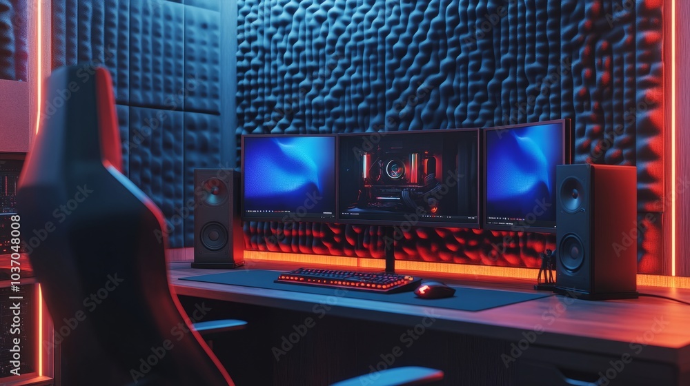 Gaming workstation 3D render with RGB peripherals, triple monitors, and ...