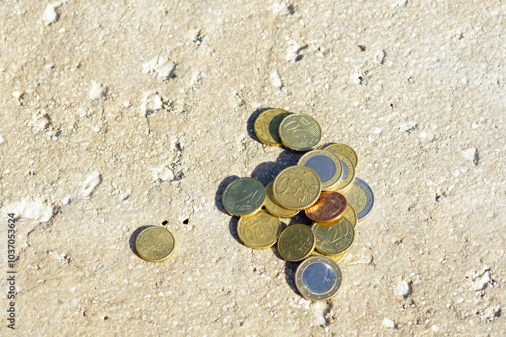 Saving and budgeting: 5, 10, 20 and 50 cent coins, as well as 1 and 2 ...