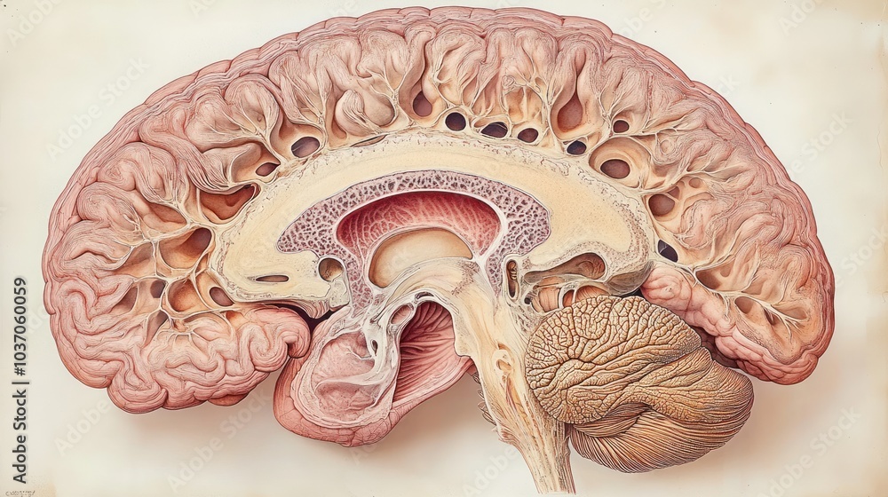 Cross-section of the human brain with detailed anatomical structures ...