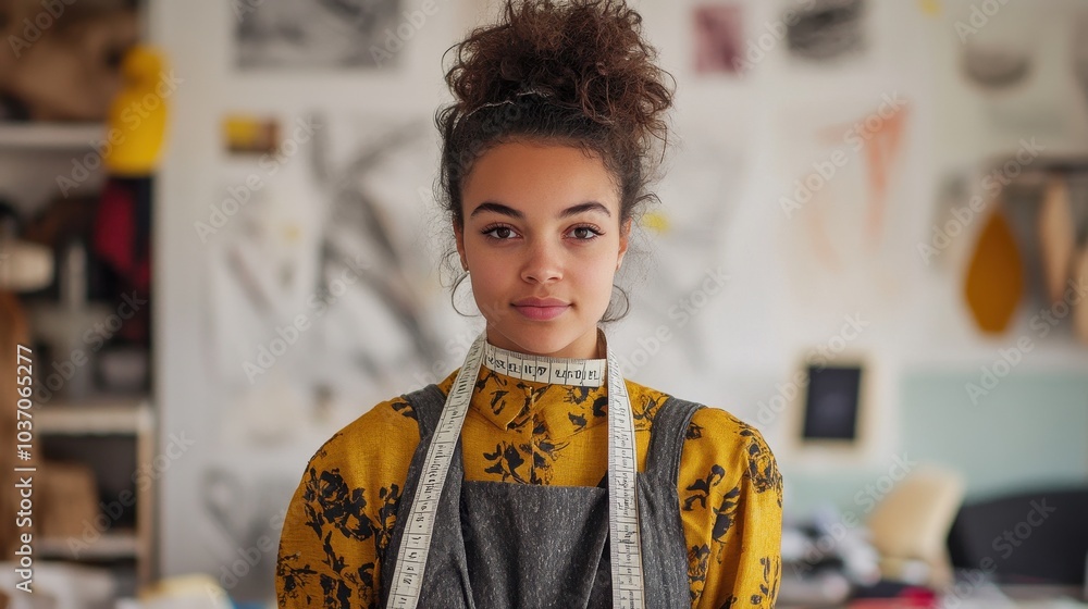 A young female fashion designer poses confidently in her stylish ...