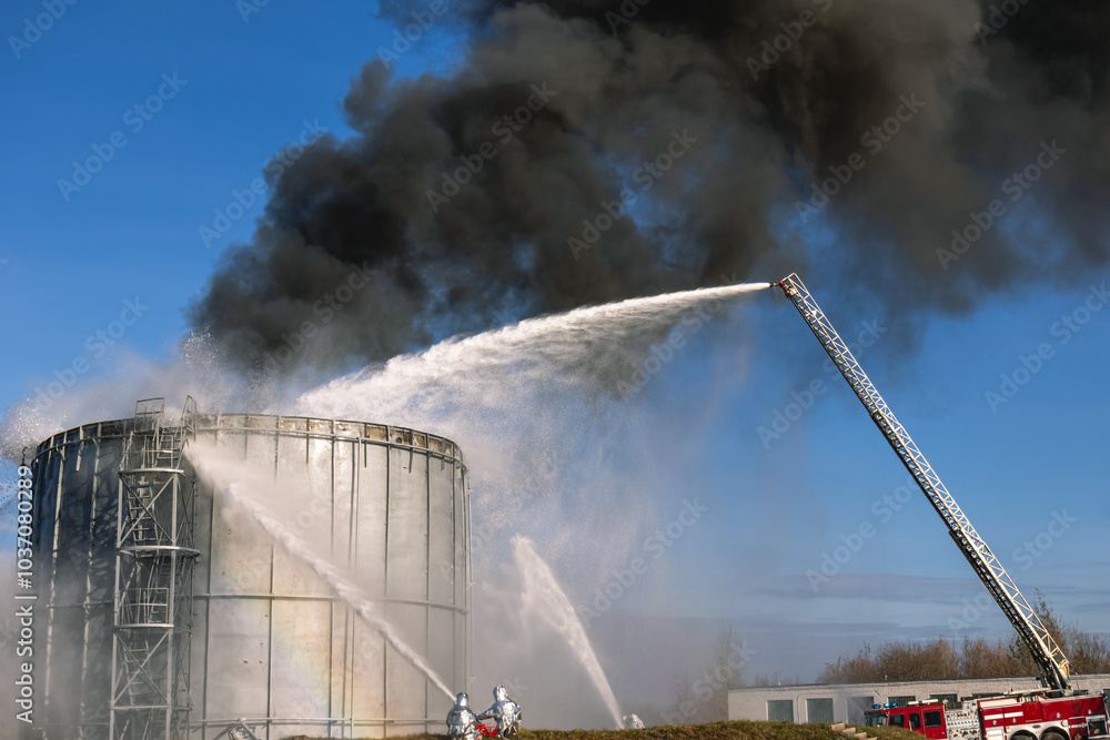 A fire at an oil refinery. Firefighters extinguish an oil tank. The ...