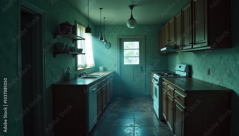 Eerie Haunted Kitchen with Suspended Objects and the Faint Whisper of ...
