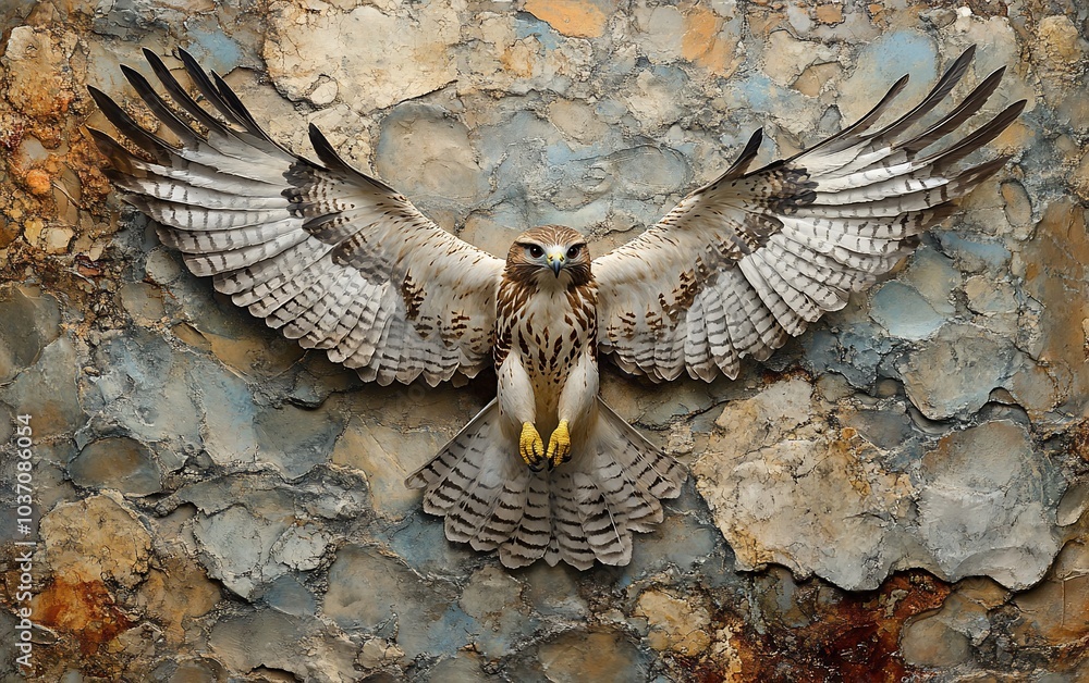 A red-tailed hawk with wings spread wide, perched on a rough stone wall ...