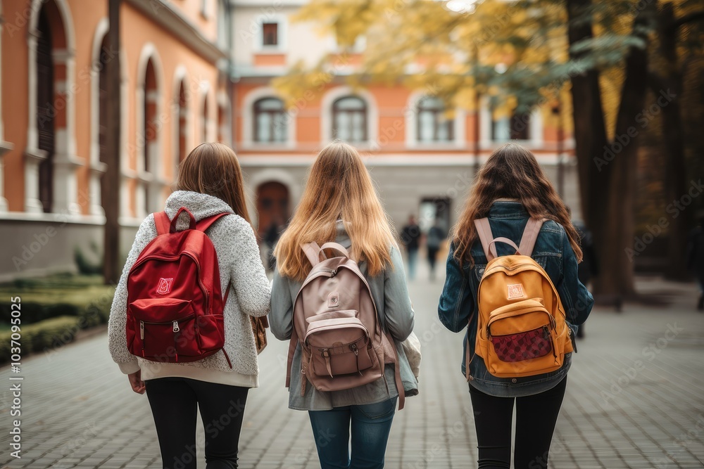 Three college students stroll together down a picturesque campus path ...