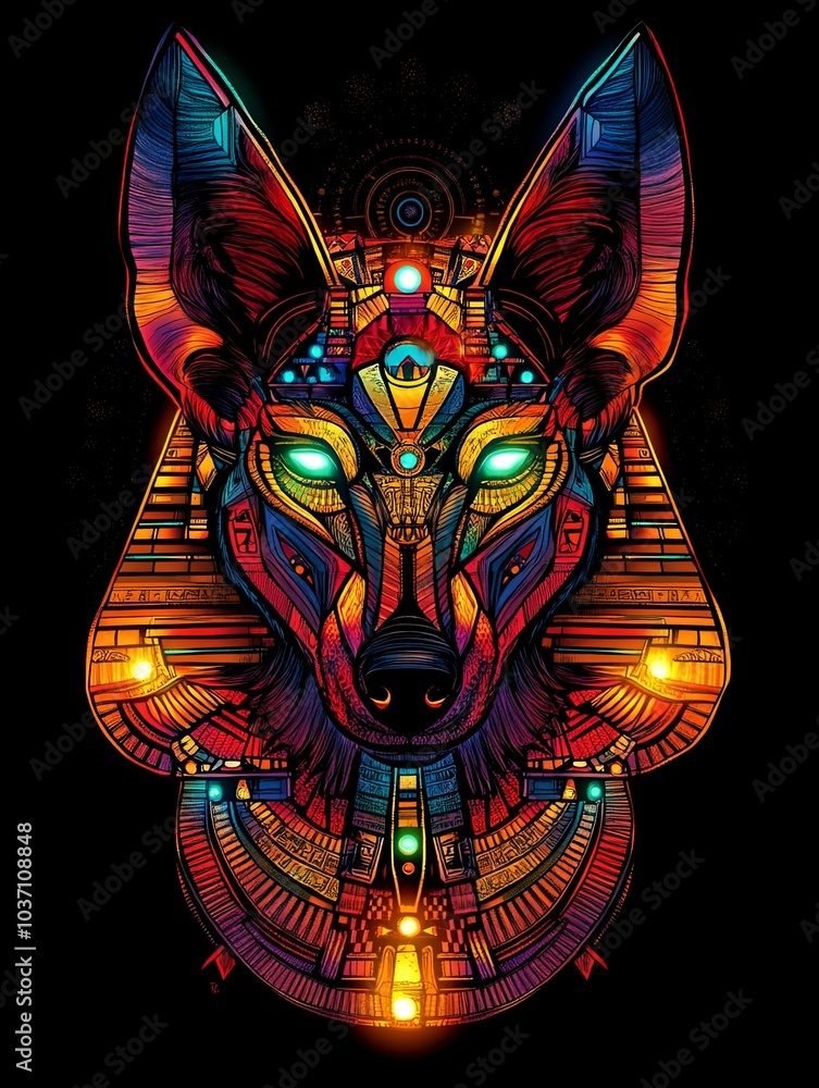 A vibrant, digital illustration of an Anubis head, a jackal-headed god ...