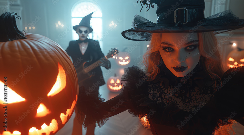 A girl wear retro witch dress with top hat, dance with pumpkin head man ...