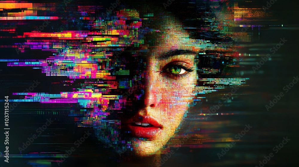 Glitch art portrait where the face is distorted by colorful pixelation ...
