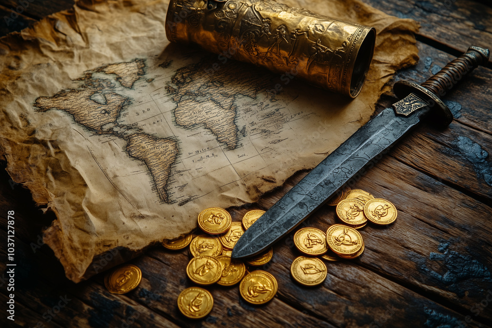 Pirate ancient gold coins, treasure map and dagger on old captain table ...