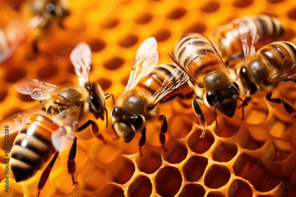A diverse group of tiny realistic bees is actively working on a ...