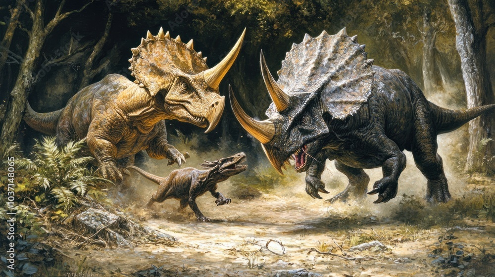 A Triceratops locking horns with a predator in defense of its herd in a ...