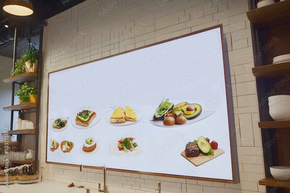 Digital menu display in a modern cafe featuring various healthy ...
