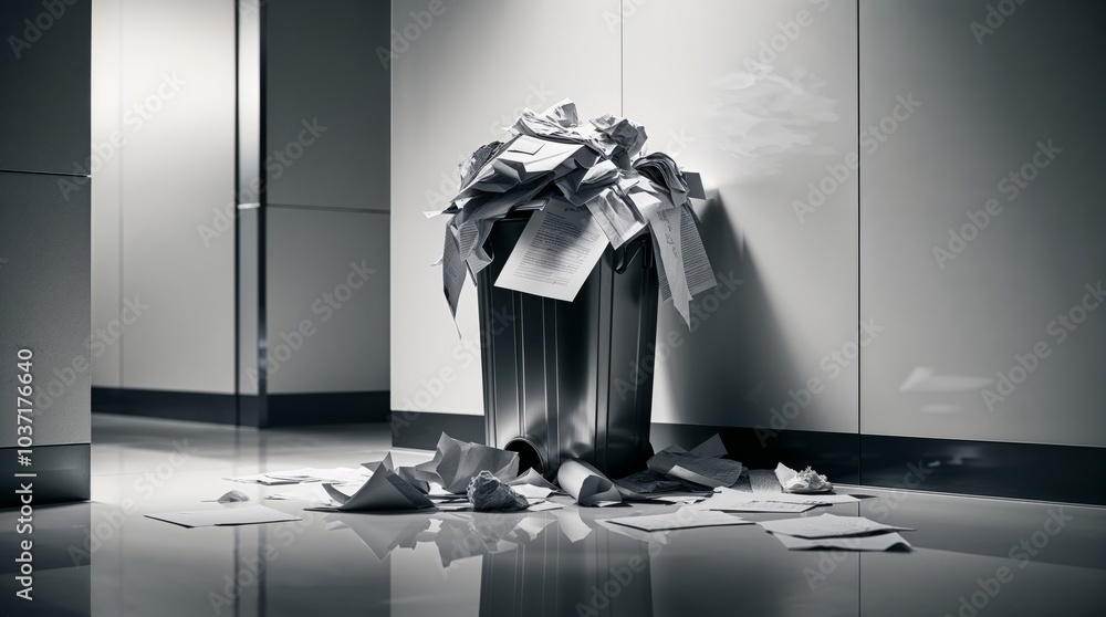 A monochrome image capturing an overflowing trash bin surrounded by a ...