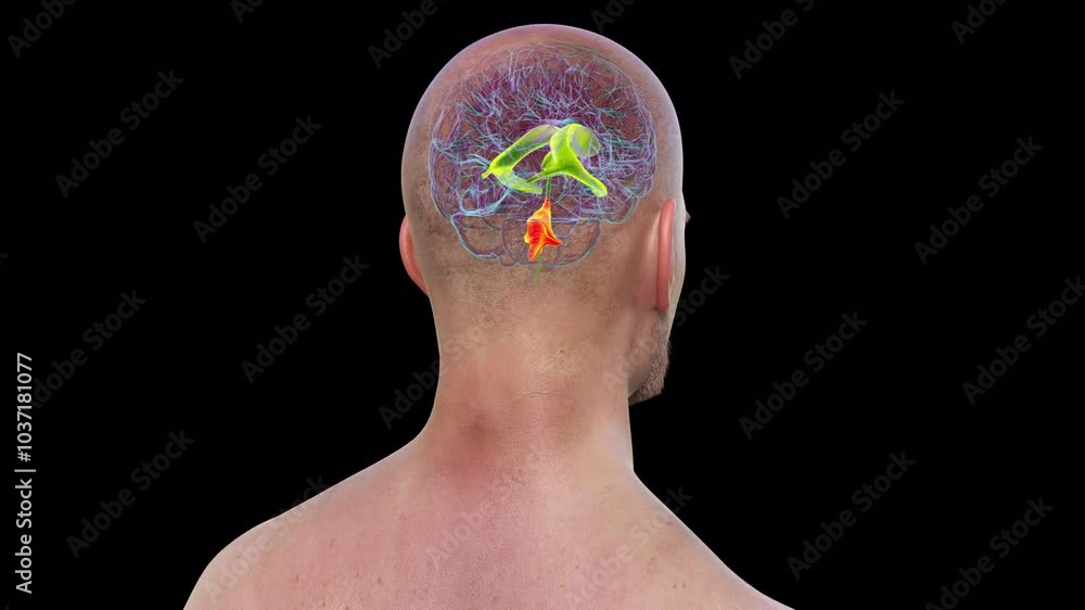 Anatomy of the fourth brain ventricle (highlighted in orange color), a ...