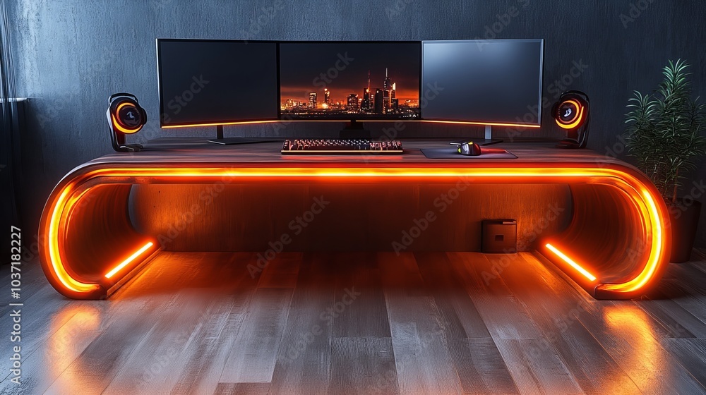A gaming desk featuring dual monitors and modern, realistic RGB-lit ...