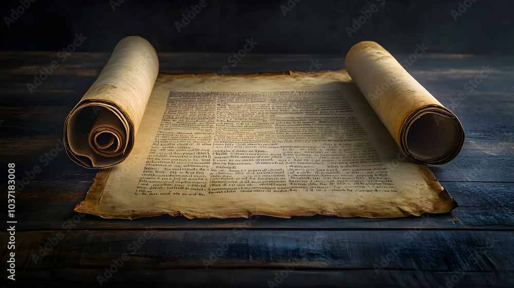 Opened unrolled scroll on a wood surface. The Torah, also known as the ...