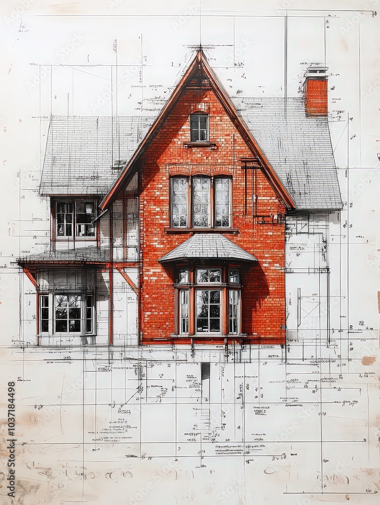 Detailed architectural drawing of brick house facade, showcasing window ...
