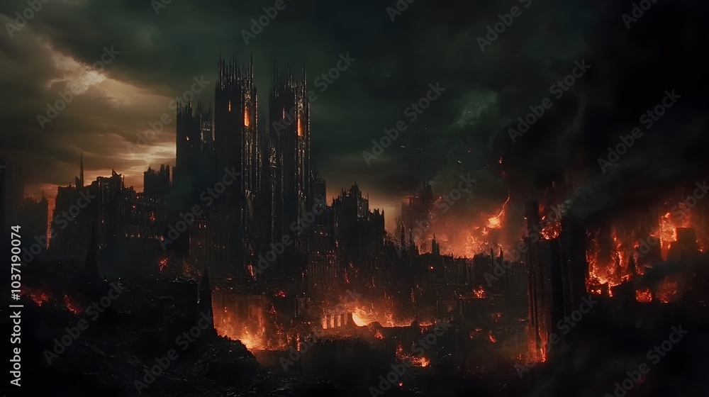 Burning Kingdom: Dark fantasy landscape of a gothic castle engulfed in ...