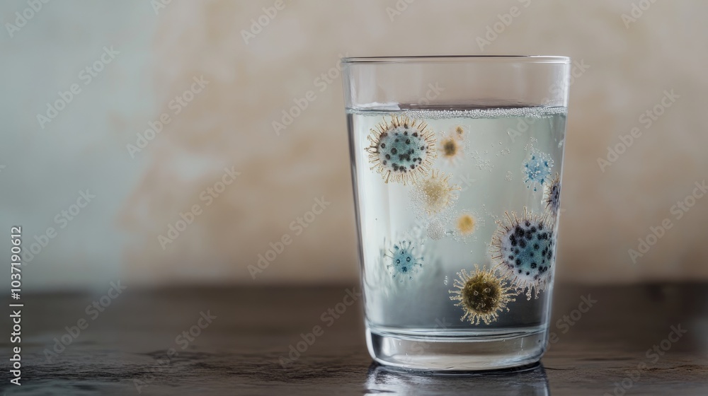 A drinking glass of cloudy, contaminated water with visible bacteria ...