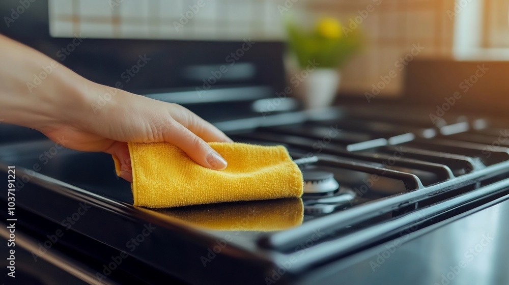 Person wiping down kitchen appliances with a disinfectant cloth ...