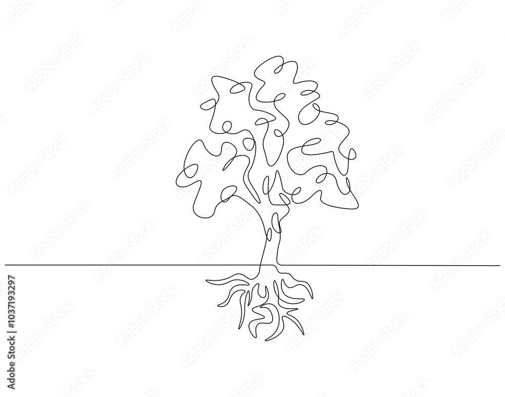 Continuous one line drawing of tree. One line drawing illustration of ...