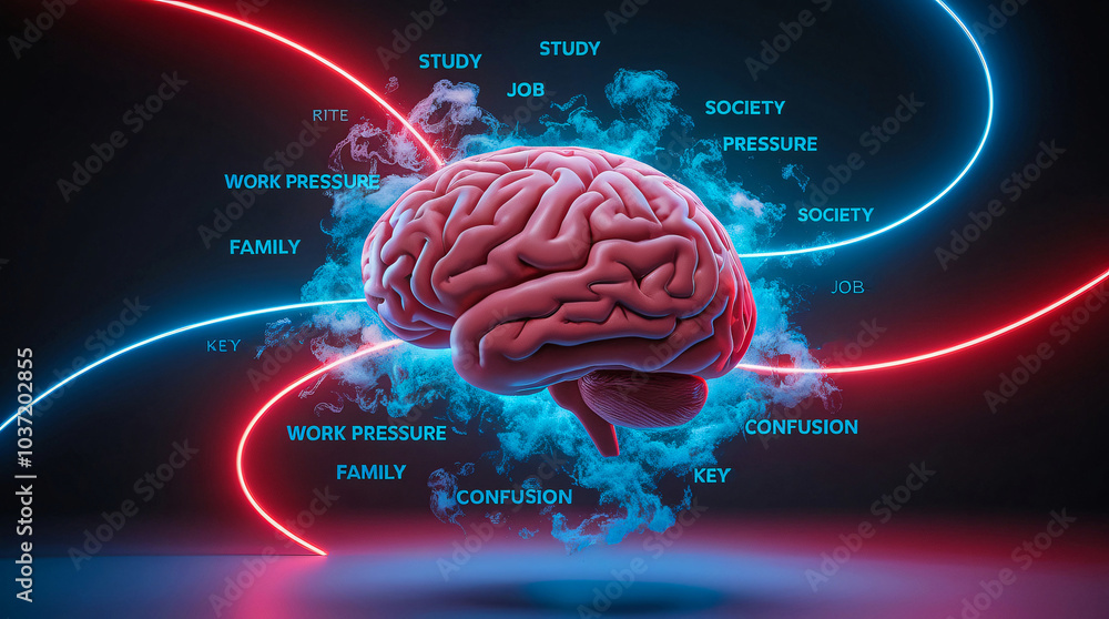 human brain floats amidst vibrant red and blue neon lights, surrounded ...