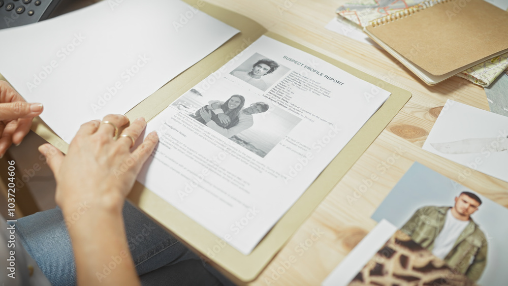 Woman examines suspect profile report in a police station, suggesting ...