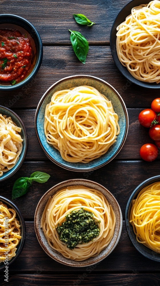 Variety of pasta dishes with different sauces: tomato, pesto, and plain ...