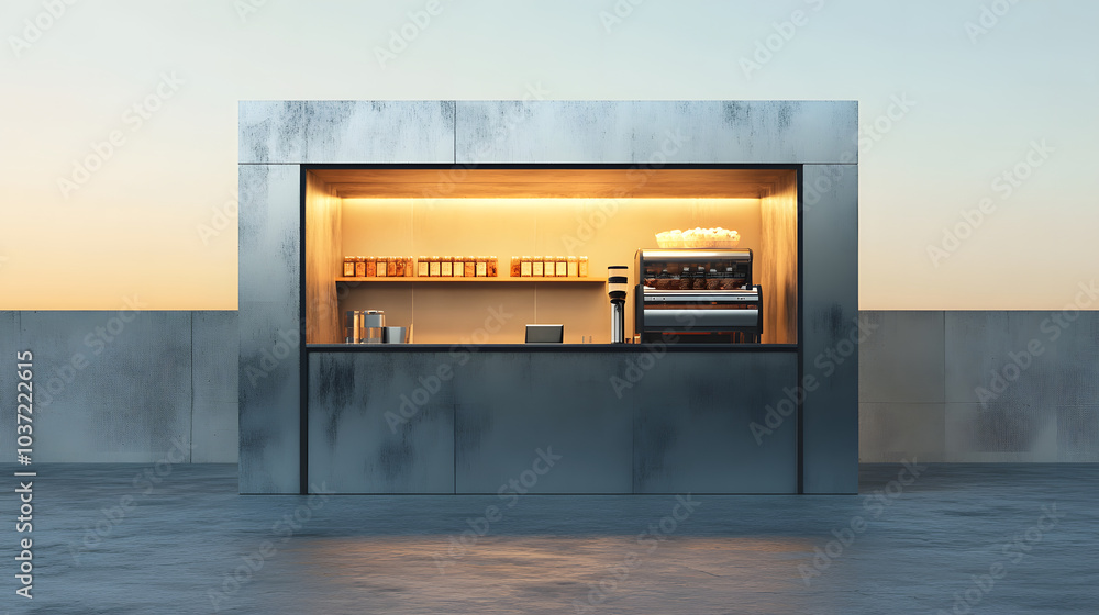 minimalist food stall with sleek metal walls, illuminated by warm ...
