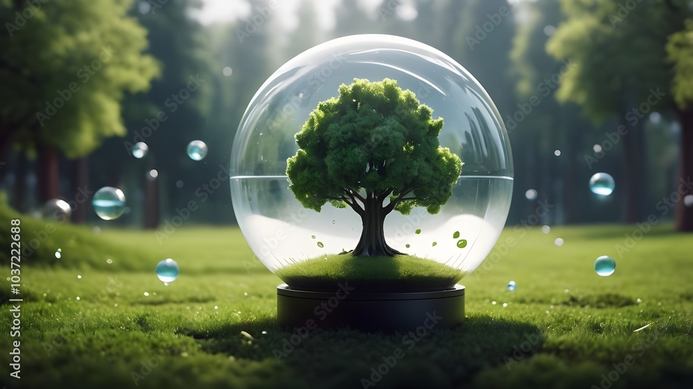 A transparent glass globe floats against a green background with icons ...
