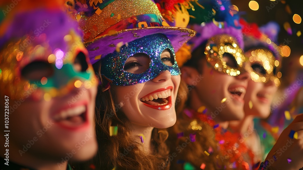 A group of friends in colorful costumes, celebrating the New Year at a ...