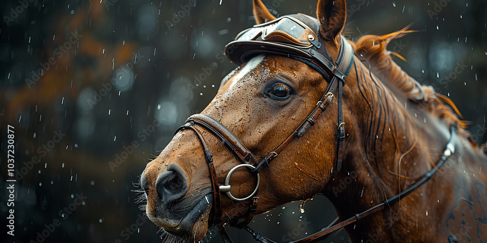 Vigorous equine banner featuring gallant horse in rain-soaked russet ...