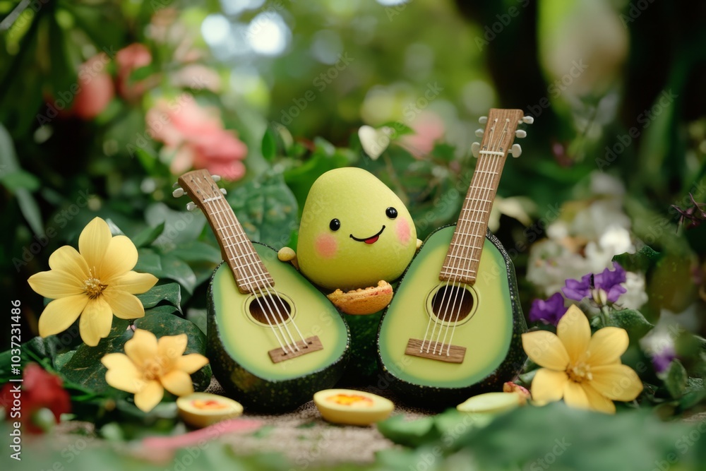 A cheerful avocado character surrounded by colorful flowers. Two mini ...