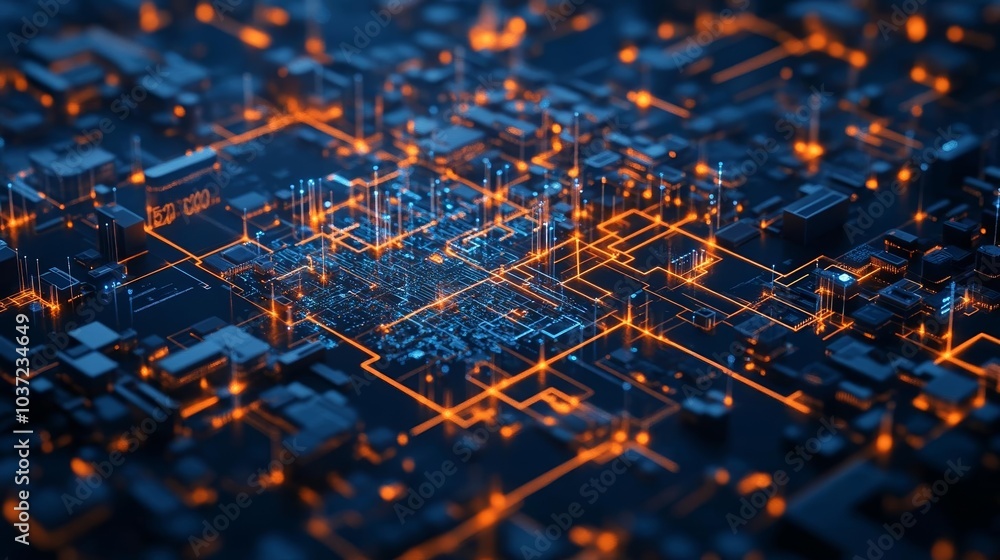 Digital map overlay on futuristic cityscape, glowing with network nodes ...