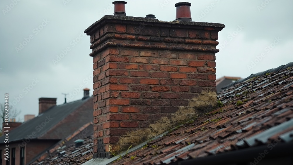 Rustic brick chimney on old warehouse roof with rust and soot Stock ...