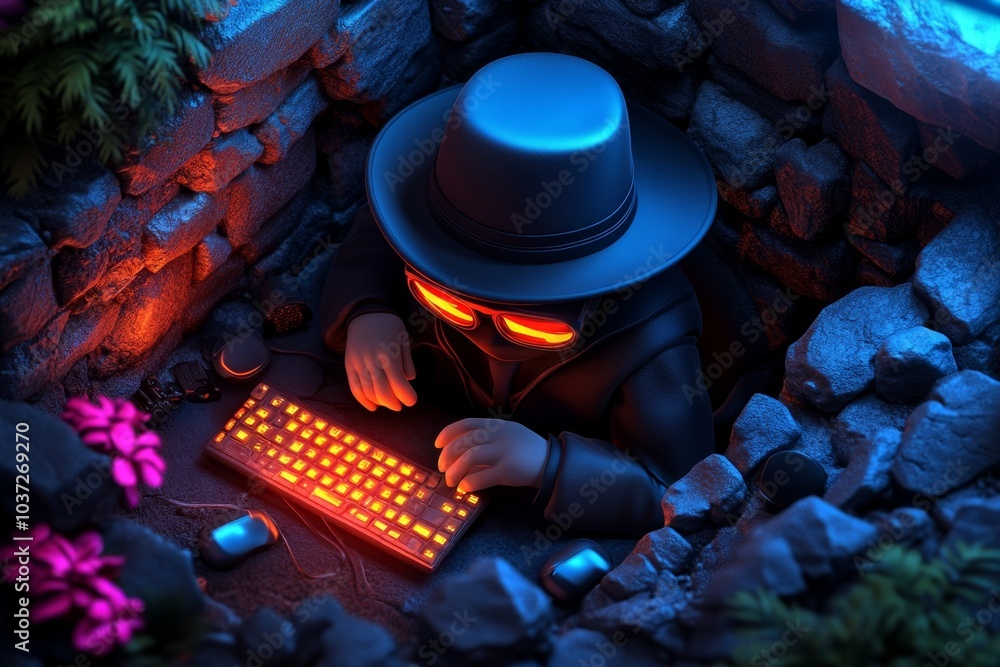 Black hat hacking, shown as a hacker breaking into a secure system, surrounded by virtual ...