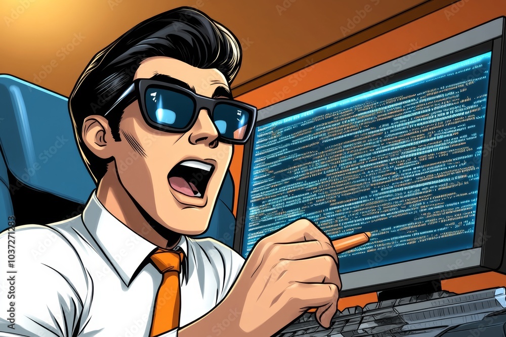 Hacker, shown in a vintage comic book style, with exaggerated features ...