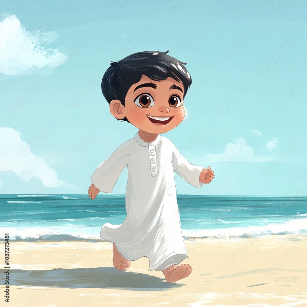 Cartoon boy in a Bahraini thobe, walking by the ocean with a smile ...