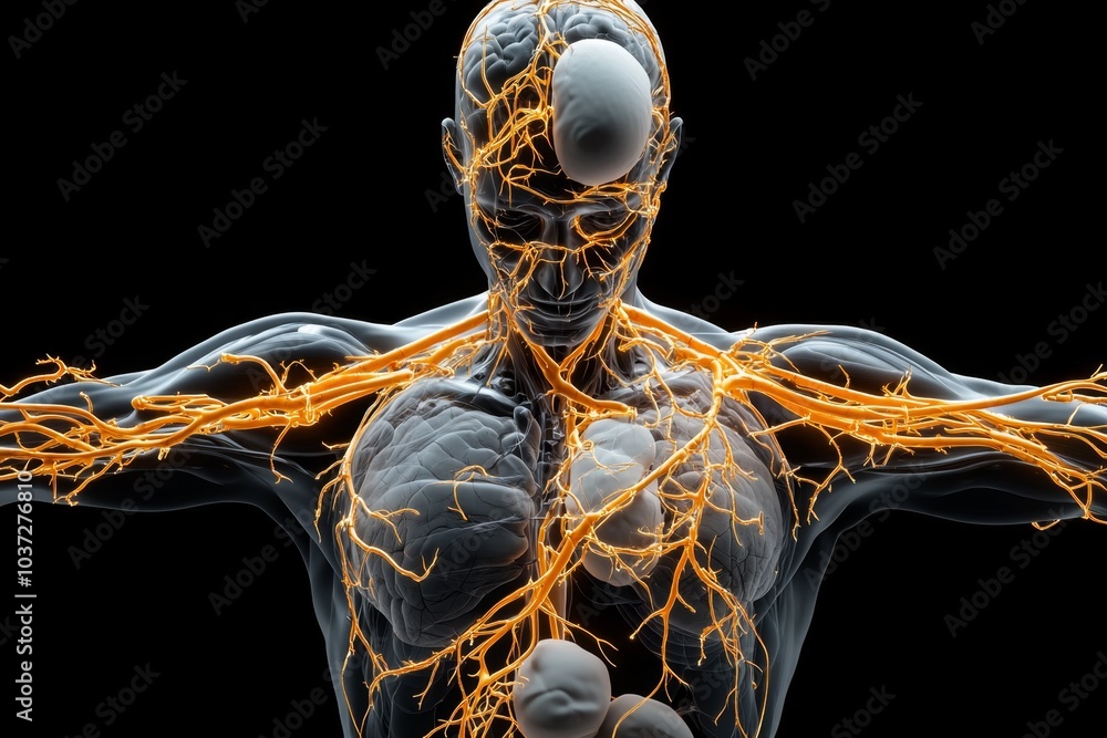 Lymphatic system, fully rendered in 3D, showing the intricate web of ...