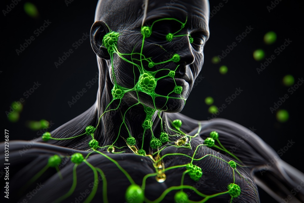 Lymphatic system, fully rendered over a human figure, showcasing the ...
