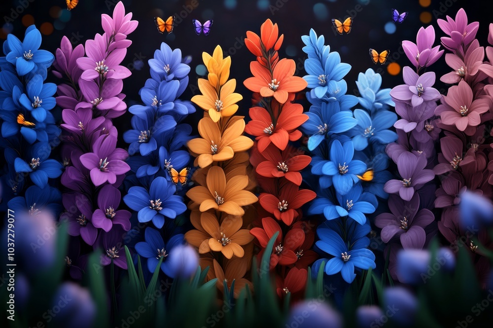 Pixel art of a vibrant garden filled with Delphiniums, Daylilies, and ...
