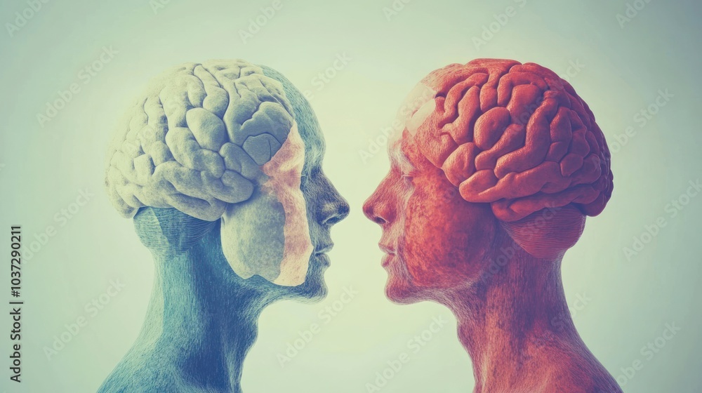 Two Human Figures with Exposed Brains Facing Each Other, Symbolizing ...